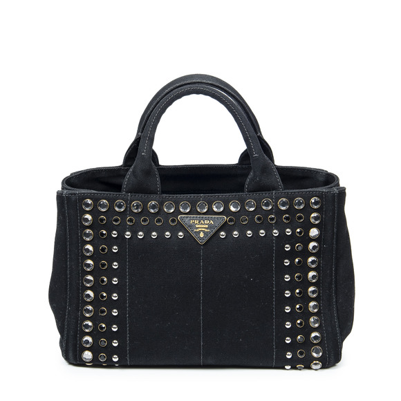 Prada | Bags | Prada Small Crystal Stud Canapa Tote In Black Canapa ...